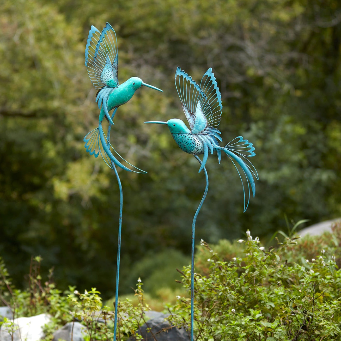 Iron Metal Hummingbird Garden Stake Set of 2