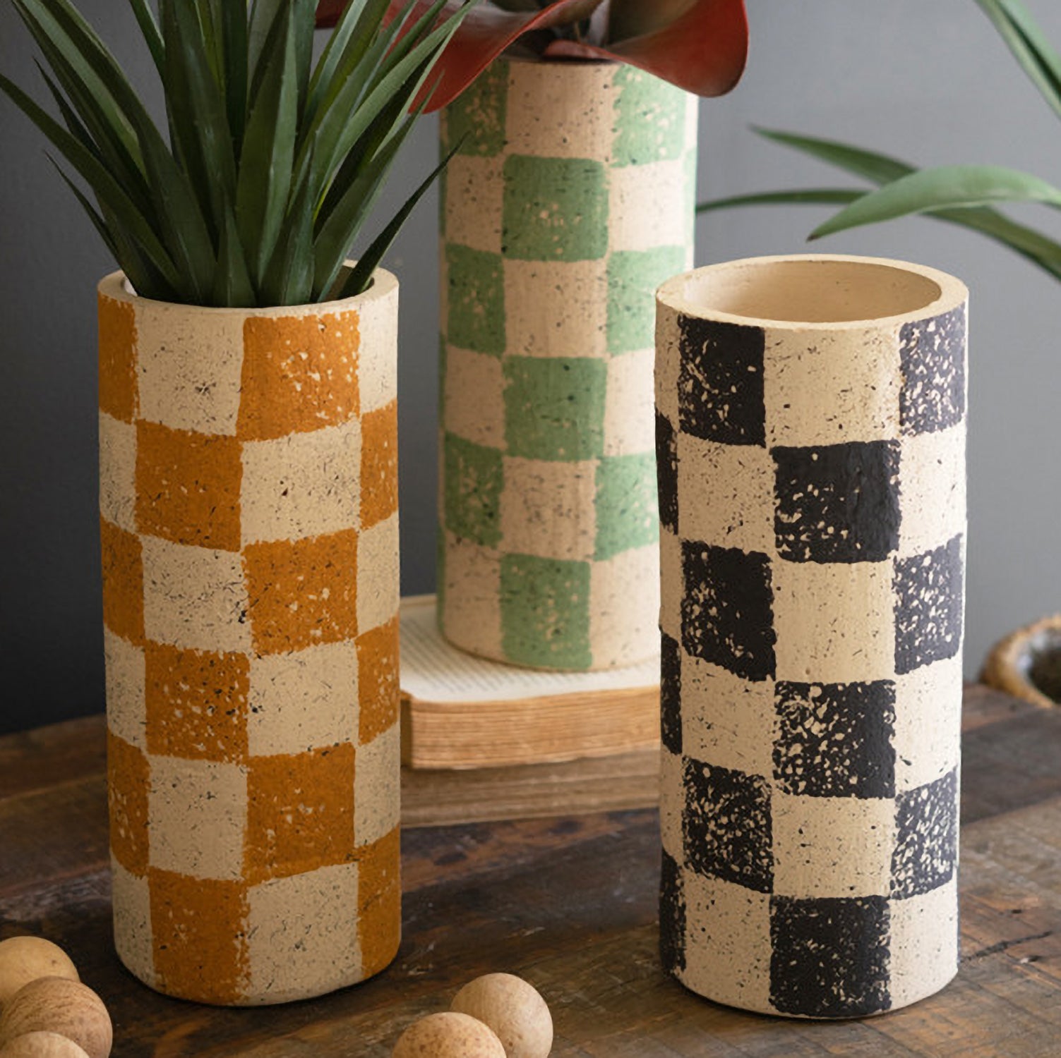 Checkered Cylinder Vase Set of 3 – Paynes Gray