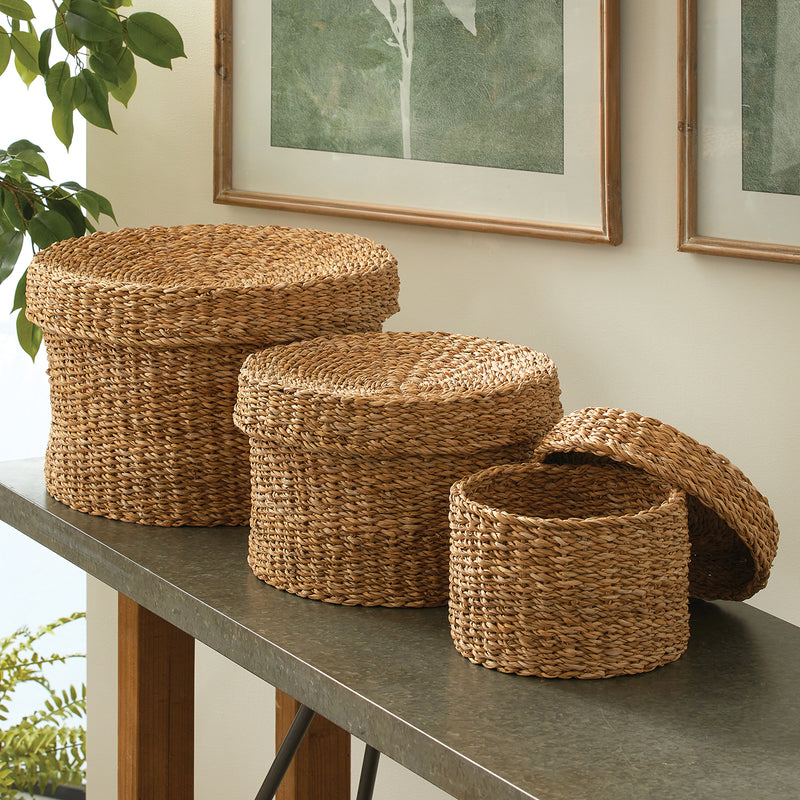 Seagrass Round Lidded Basket Set of 3 – Paynes Gray