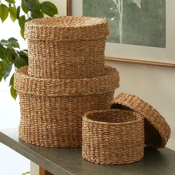 Seagrass Round Lidded Basket Set of 3 – Paynes Gray