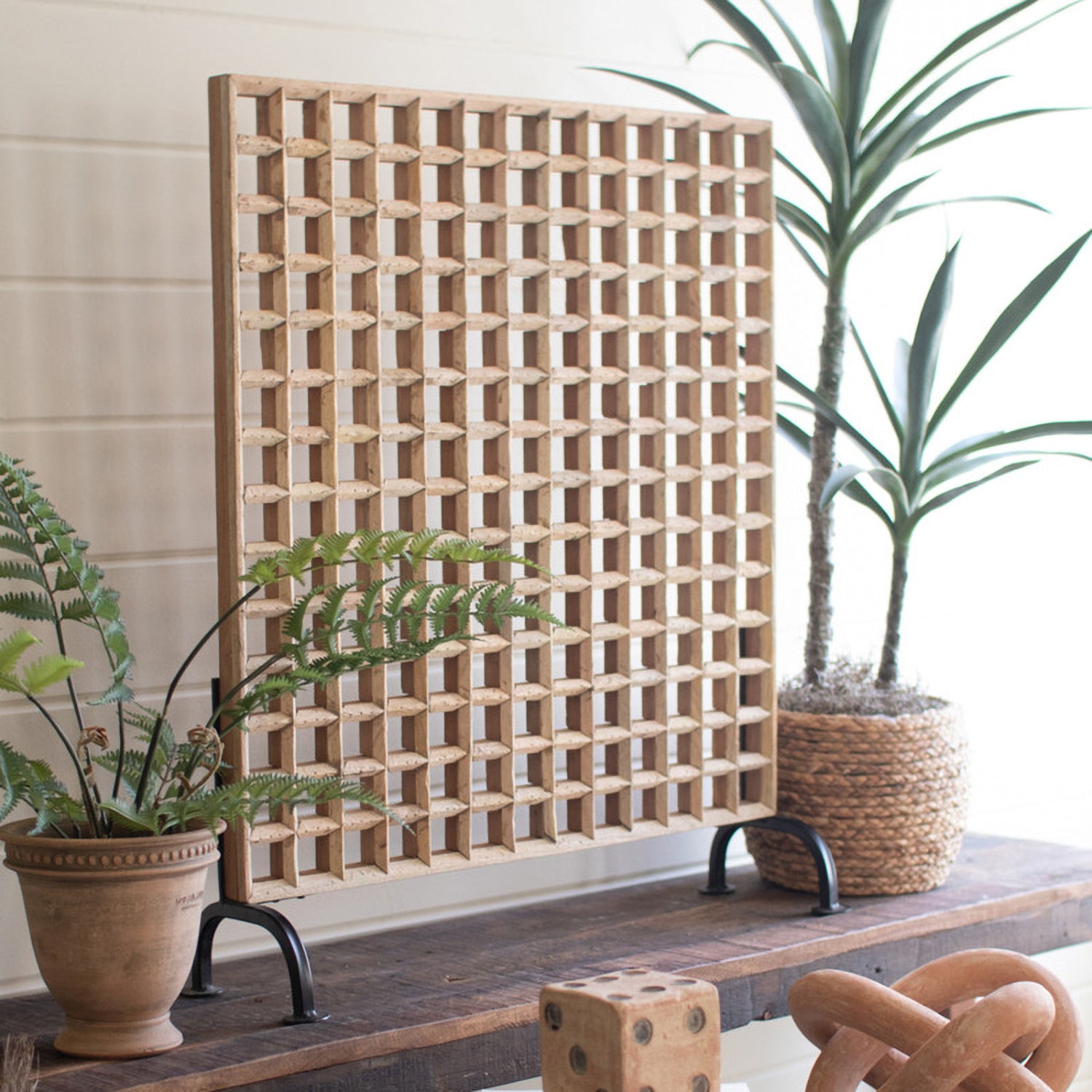 Mango Wood Grid Panel Tabletop Accent – Paynes Gray