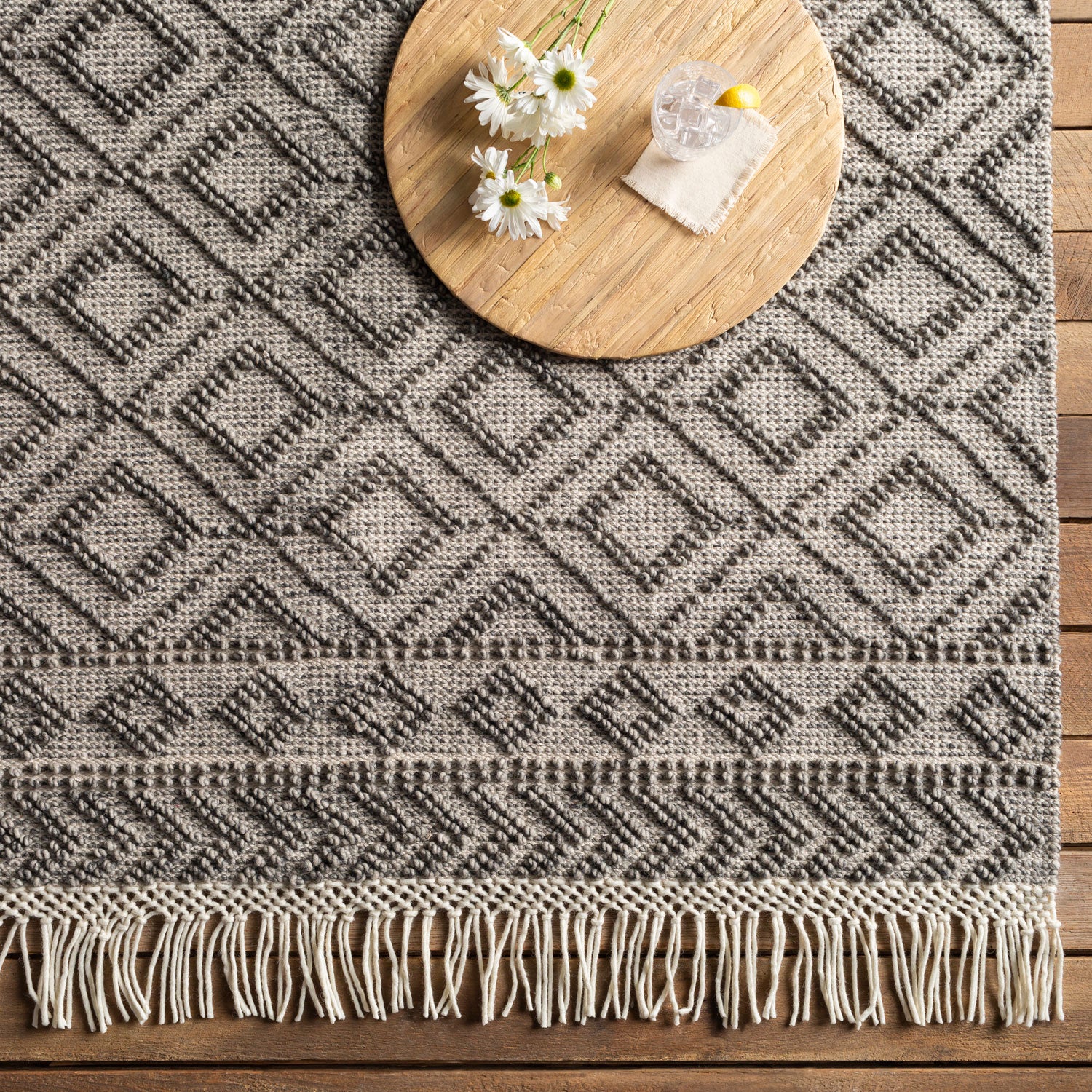 Surya Farmhouse Tassel Diamond Hand Woven Rug – Paynes Gray