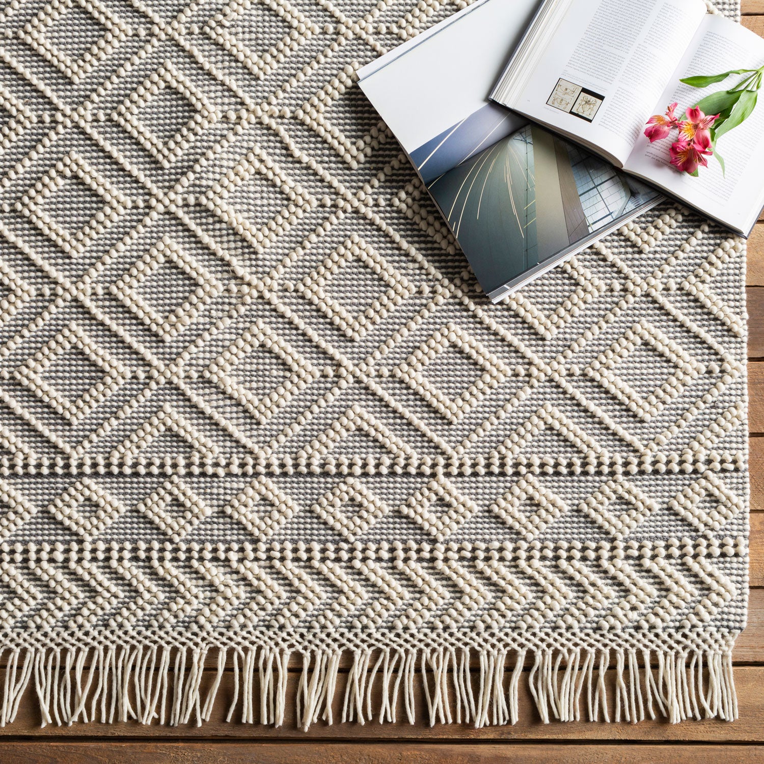 Surya Farmhouse Tassel Diamond Hand Woven Rug – Paynes Gray